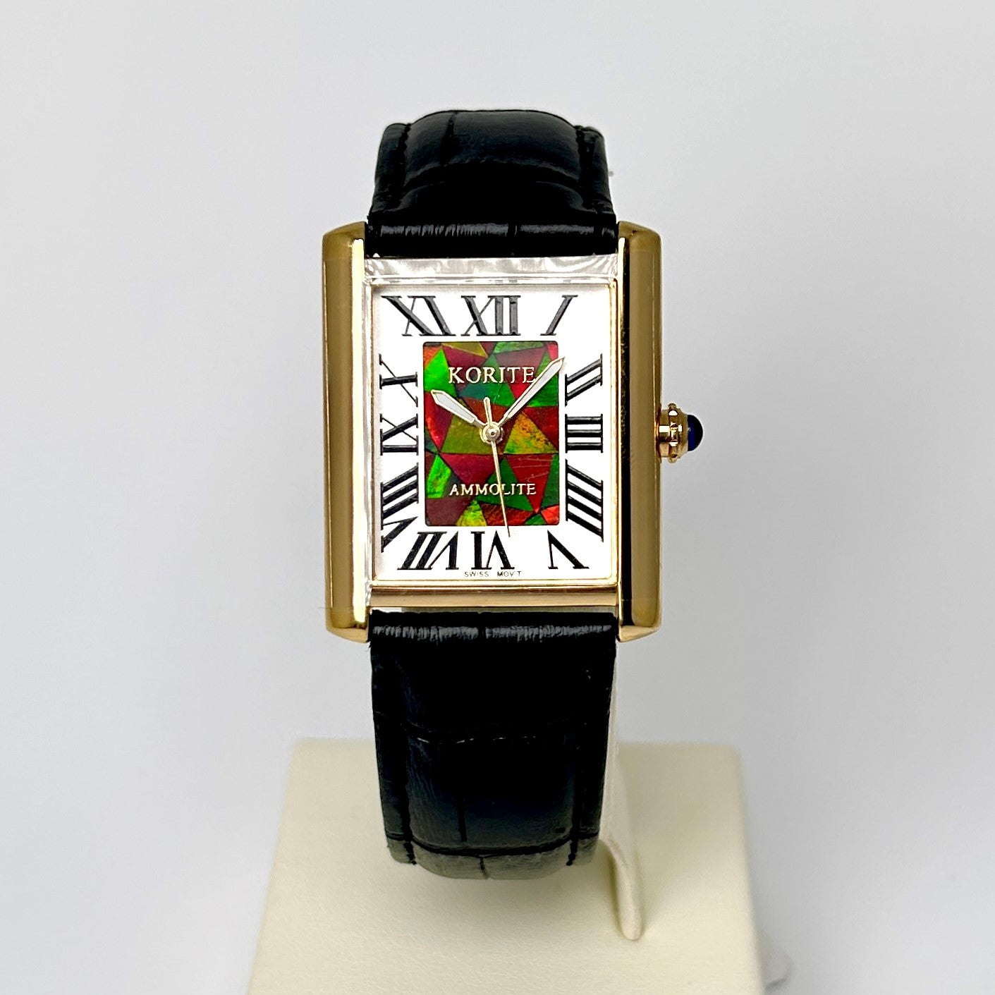 Ammolite Watch- Small- Roman Mosaic Rectangle Watch-Black Leather Stra ...